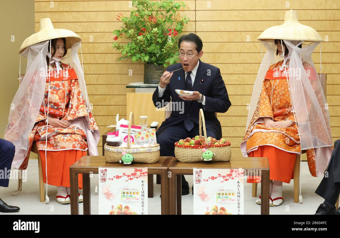 Japanese Prime Minister Fumio Kishida (c) receives a courtesy call from ...