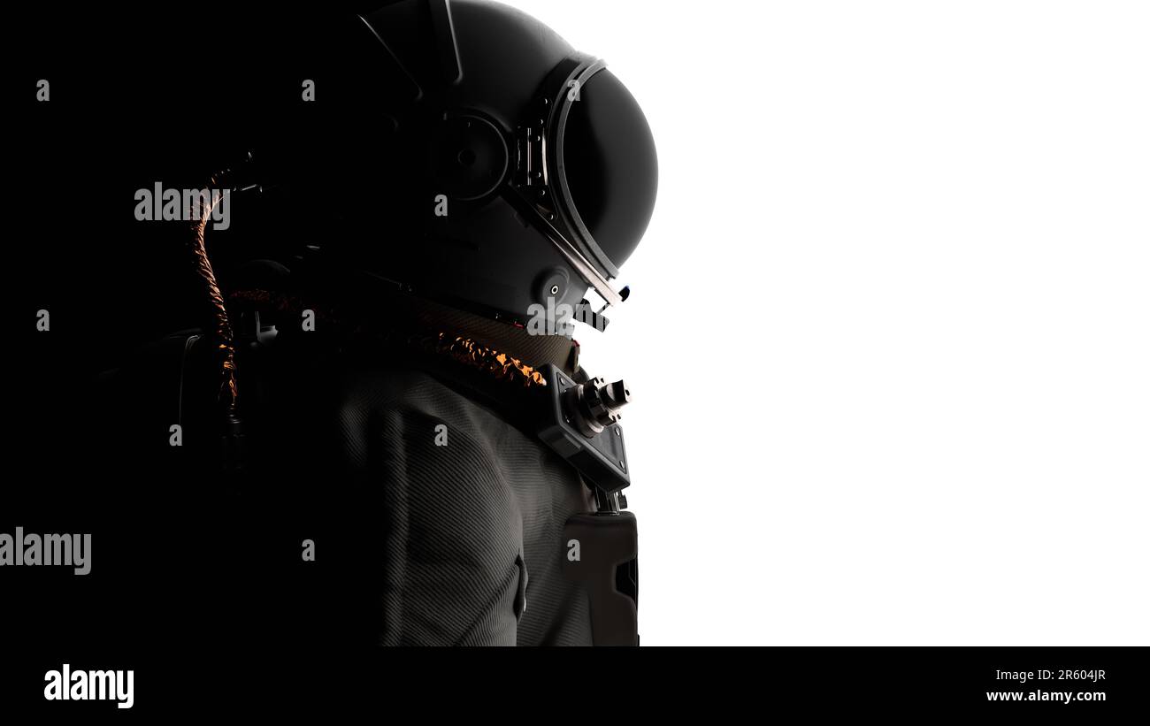 Portrait of astronaut cosmonaut on black background looking into ...