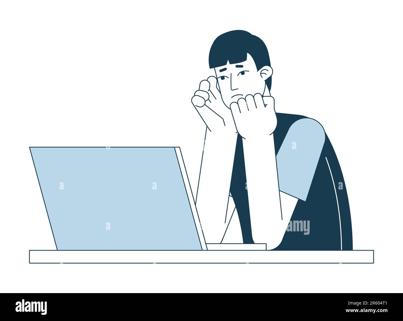 Frustrated man with laptop flat line vector spot illustration Stock ...