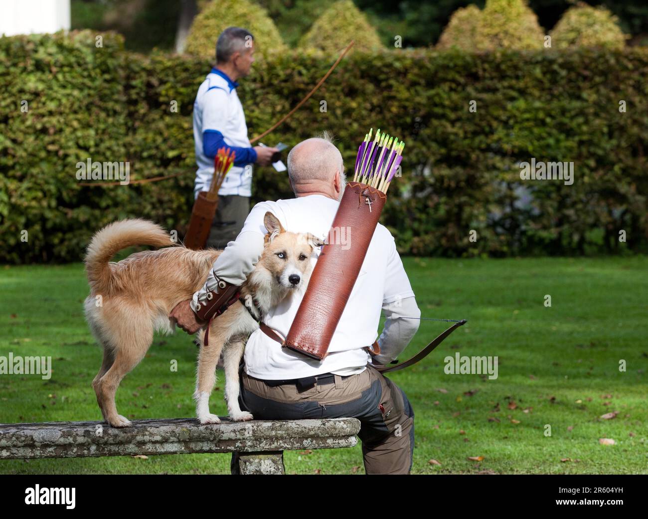Daily life, dog and owner during an archery competition Stock Photo - Alamy