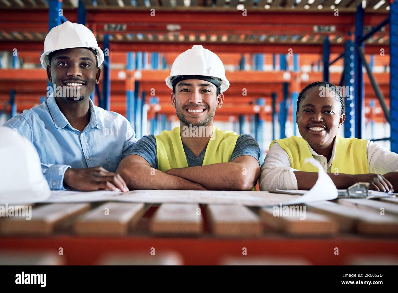 Business people, architect and portrait with blueprint for construction ...