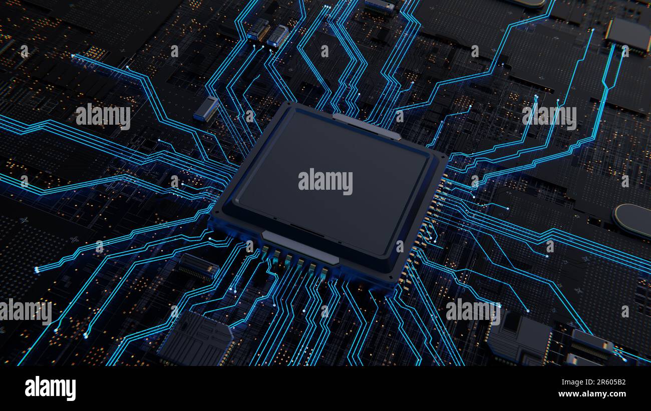 Ai Computer chip processor on motherboard glows blue. Artificial intelligence Graphics chip ...