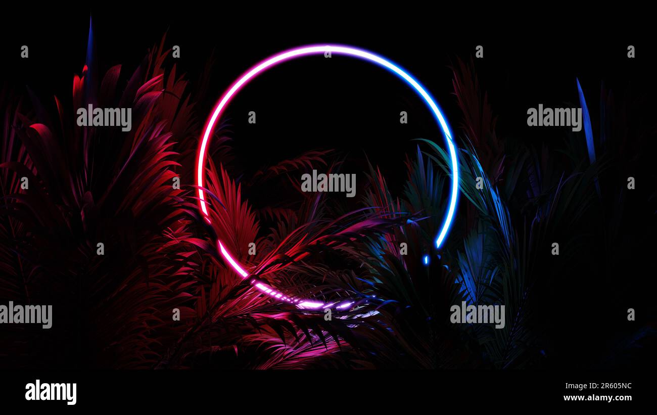 Neon glowing circle ring in palm leaves, tropical dark background. Blue ...