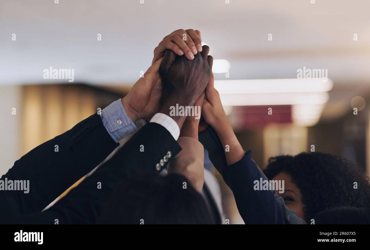 High five, hands and business people celebrate teamwork, project collaboration or company ...