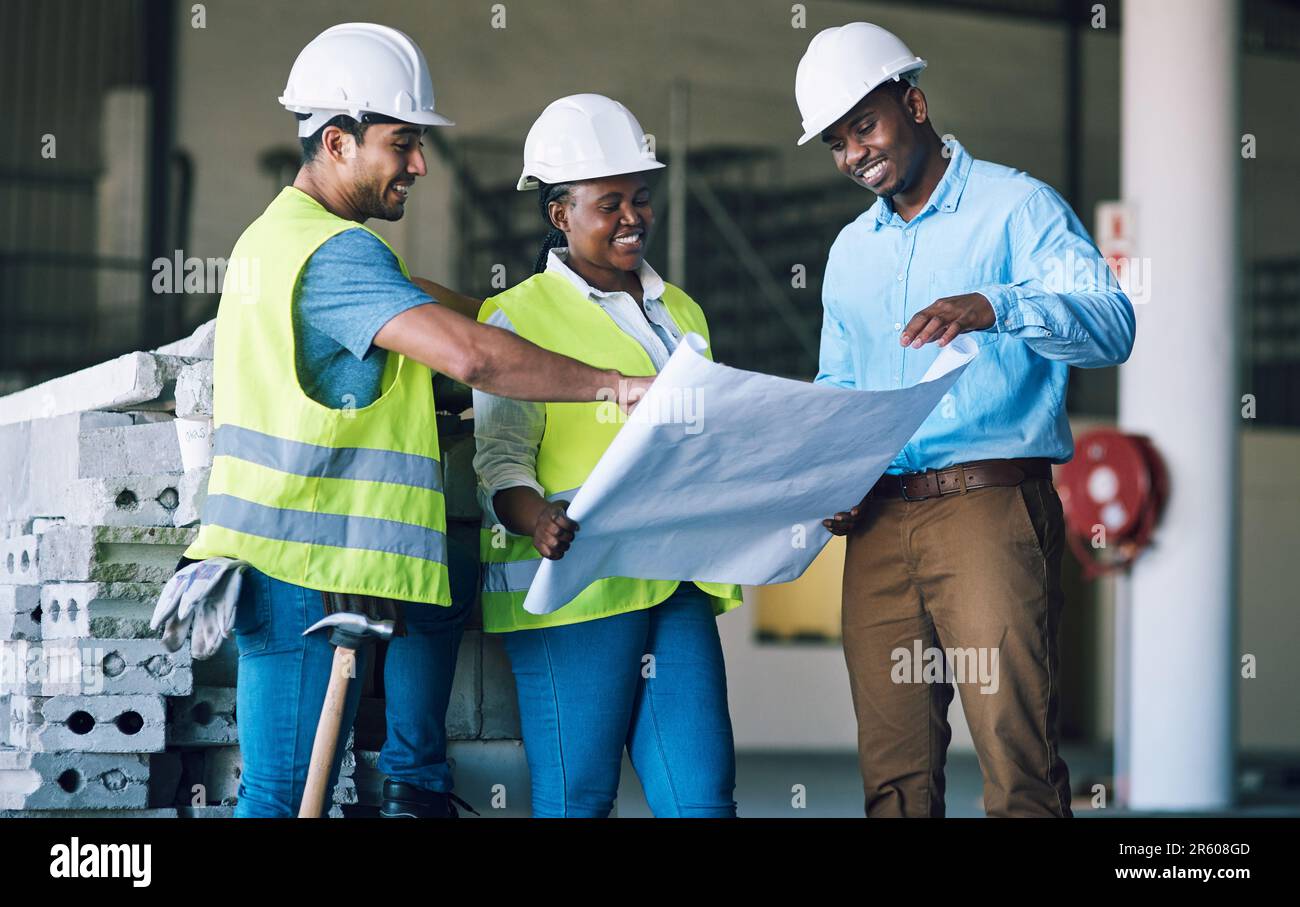 Engineer people, blueprint and documents in team construction, planning or strategy on site ...