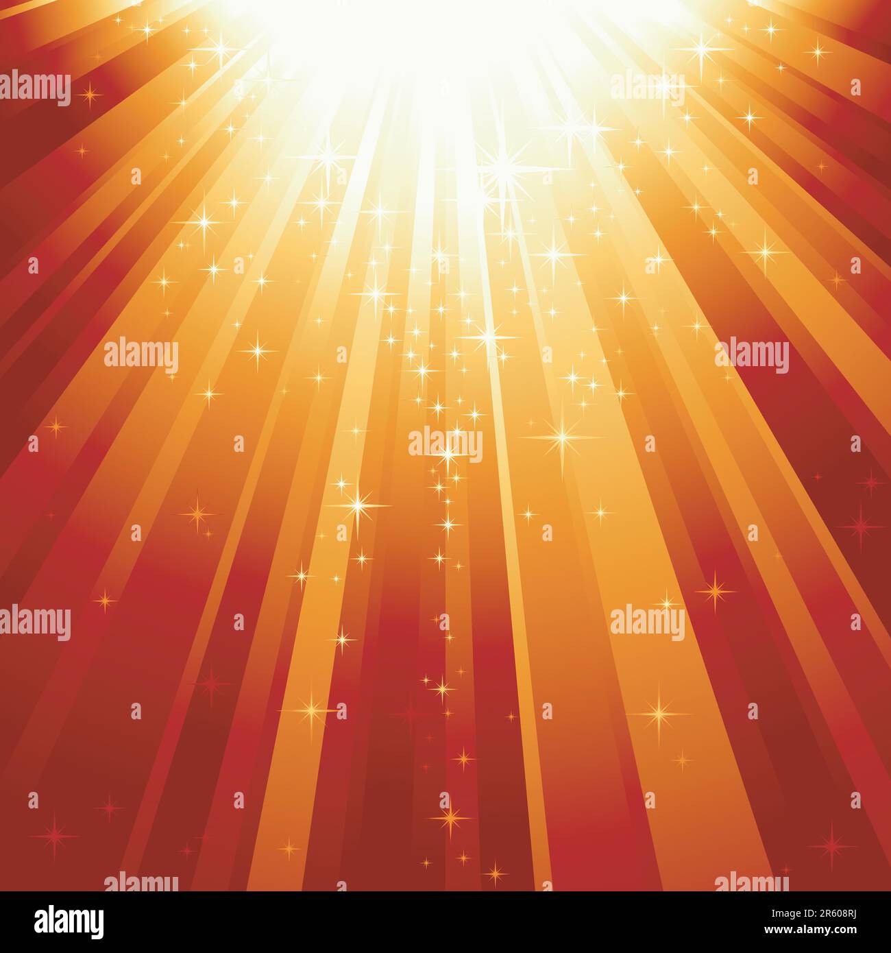 Festive square abstract background with stars descending on rays of red ...