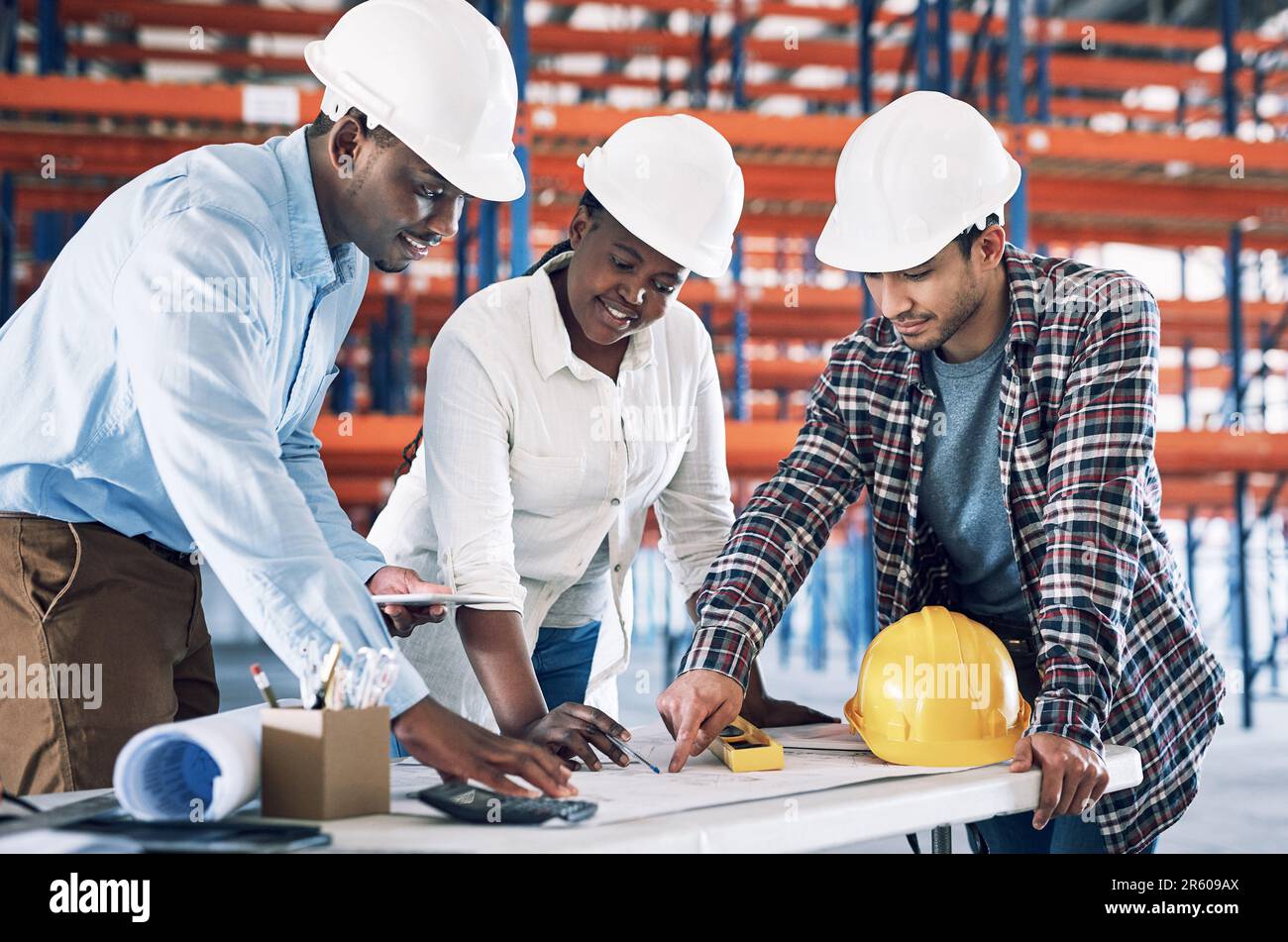 Happy people, architect and meeting on blueprint for construction, planning or collaboration on ...