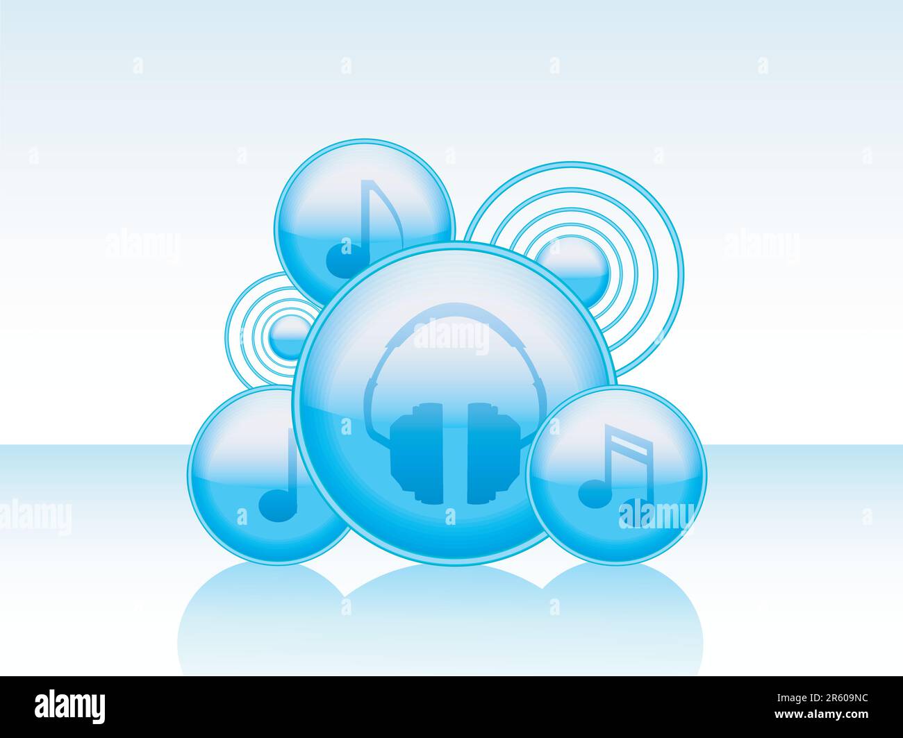 Glossy blue buttons with headphone and music symbols reflected on a ...