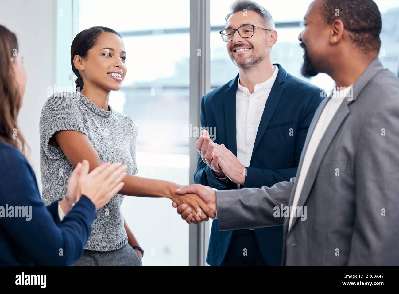 Business people, handshake and clapping in meeting celebration, success promotion or HR thank ...