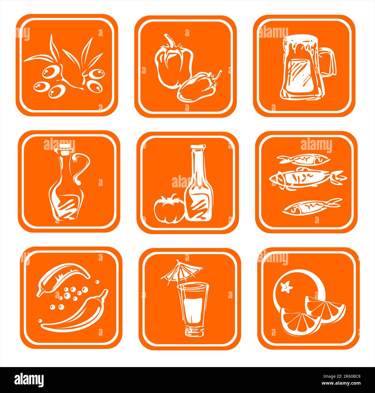 Nine ornate food symbols on an orange background Stock Vector Image ...
