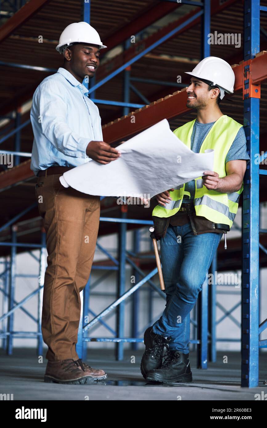 Happy engineer people, blueprint and meeting for construction, planning ...