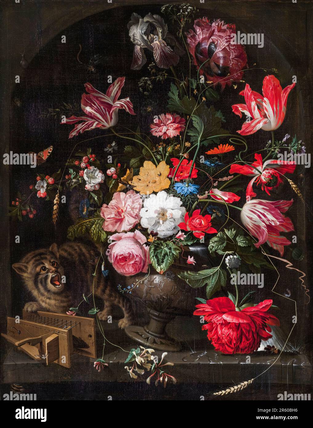 Abraham Mignon, A Cat knocking over a Vase of Flowers, still life ...