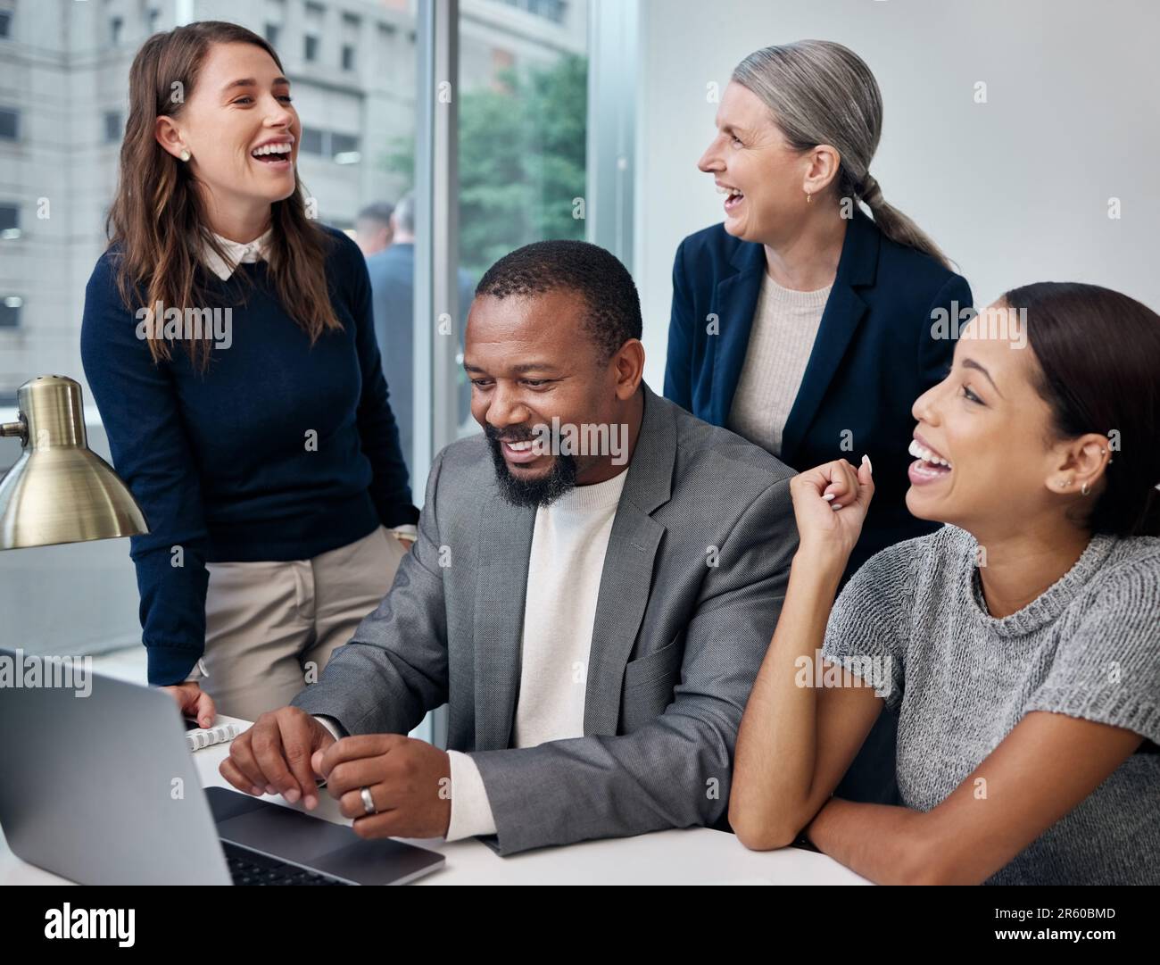 Computer, excited and business people with celebration, success and ...