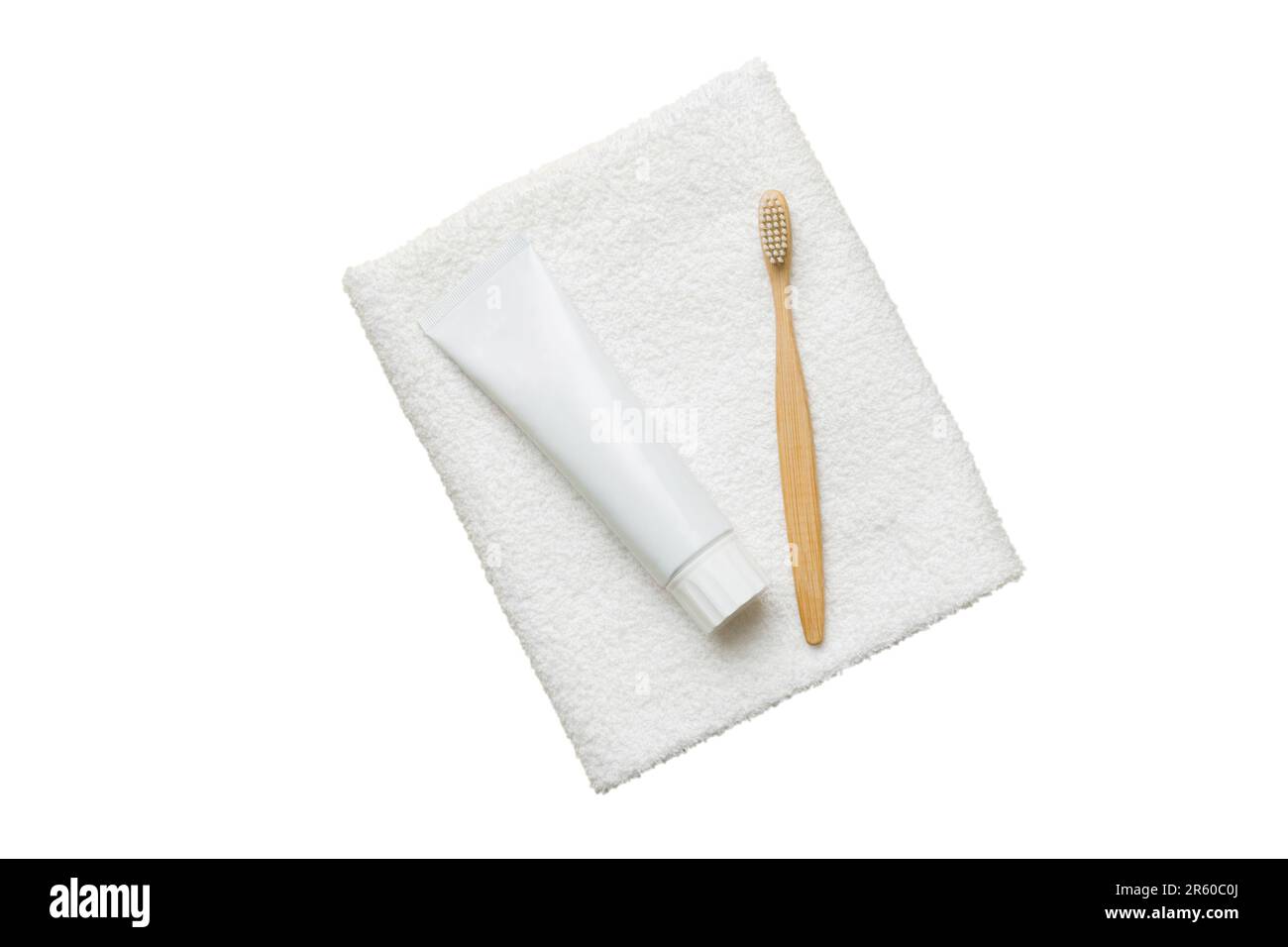 toothpaste and toothbrush top view with copy space isolated on white ...