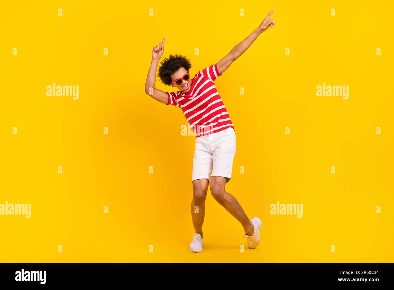 Full size photo of funky guy dance active youth moves wear summer shirt ...