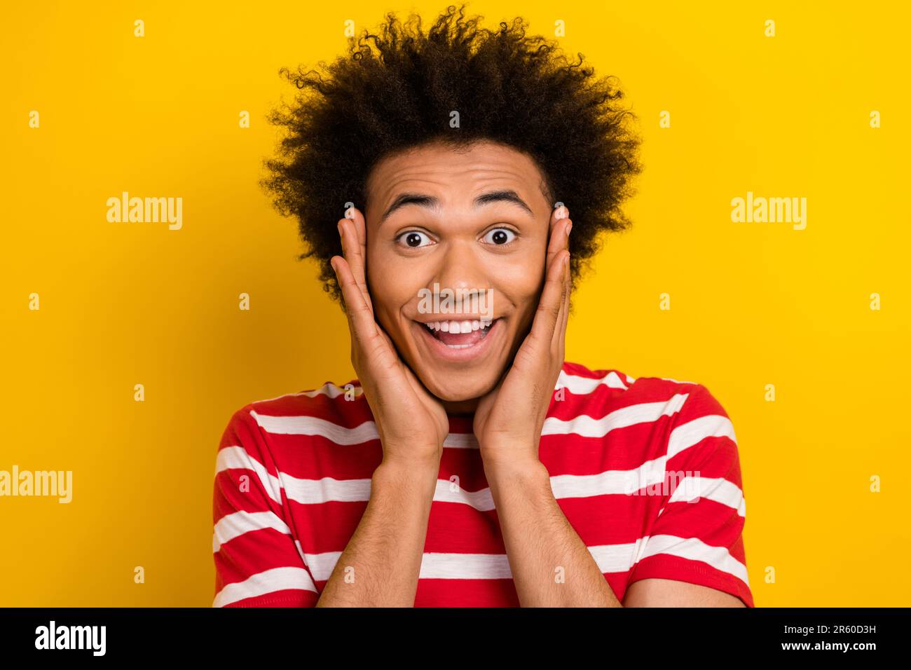 Photo of astonished person arms touch cheekbones beaming smile isolated ...