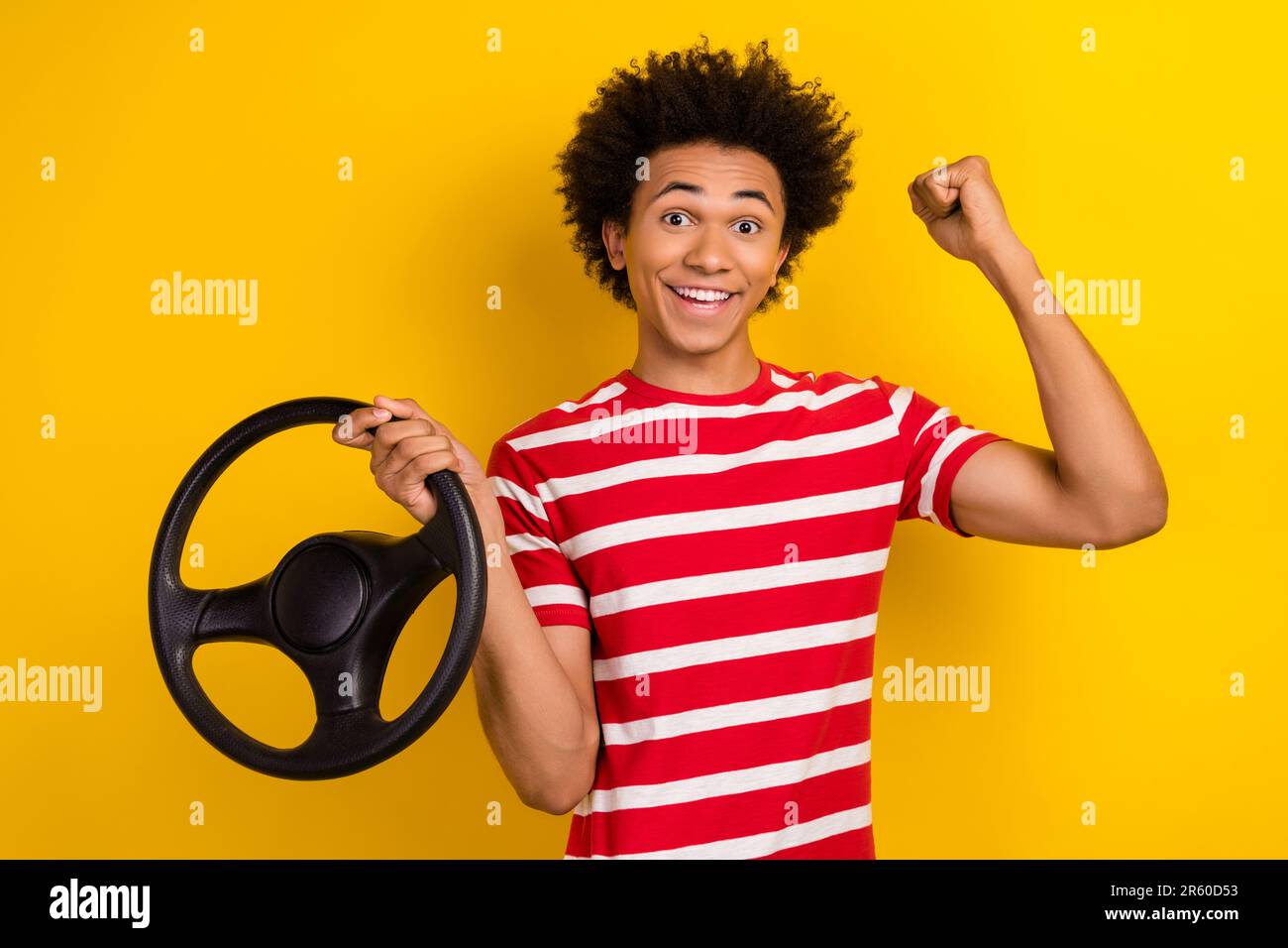 Portrait of delighted handsome guy hold wheel raise fist celebrate ...