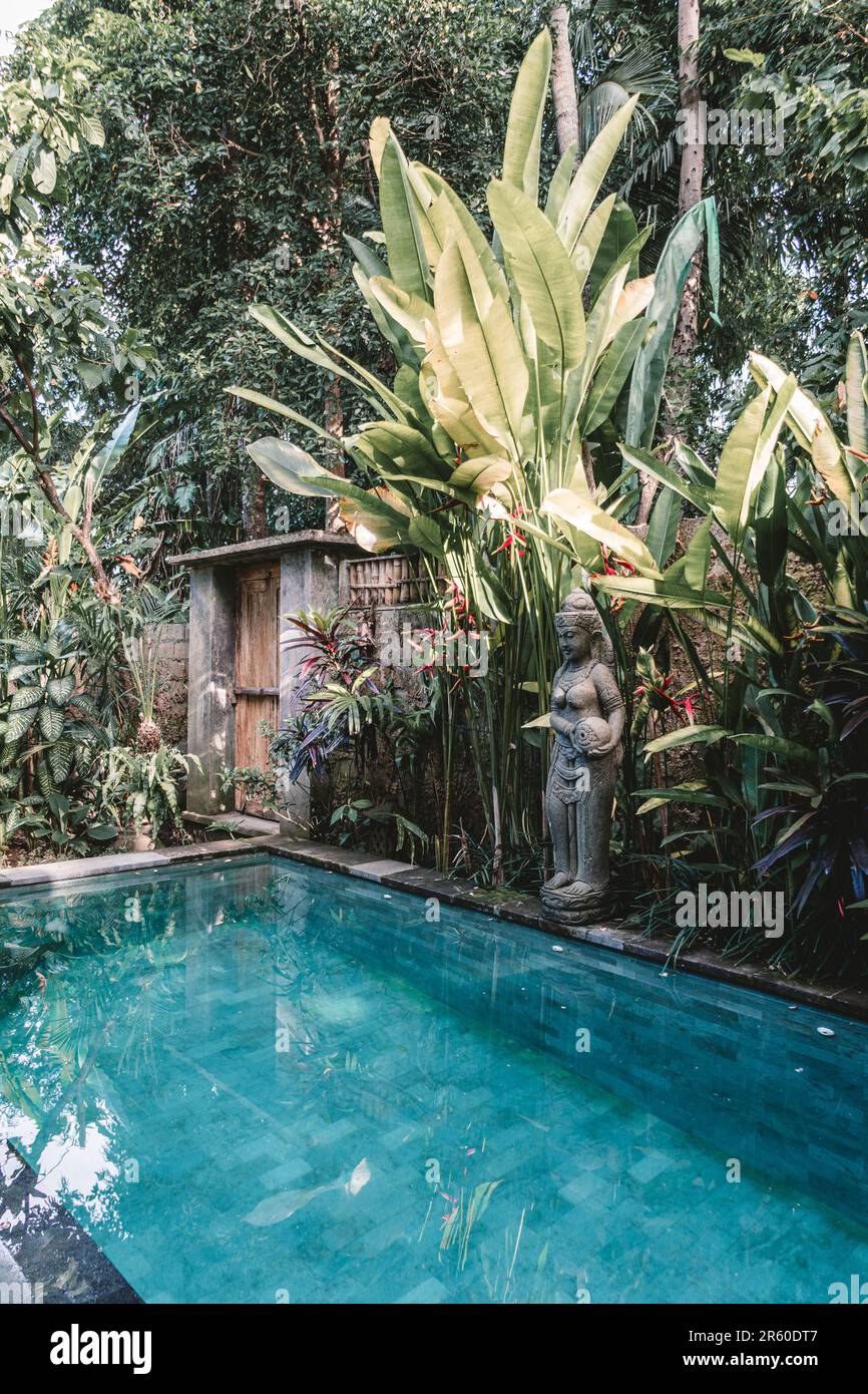 A bronze statue of a figure situated beside a pool of water, with lush ...