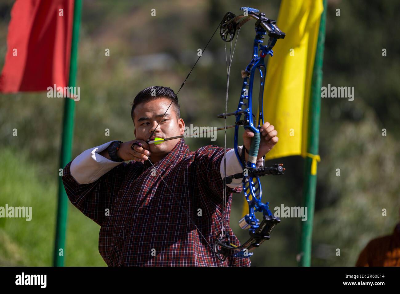 Archery competition in Thimphu, Bhutan. Archery is the national sport ...