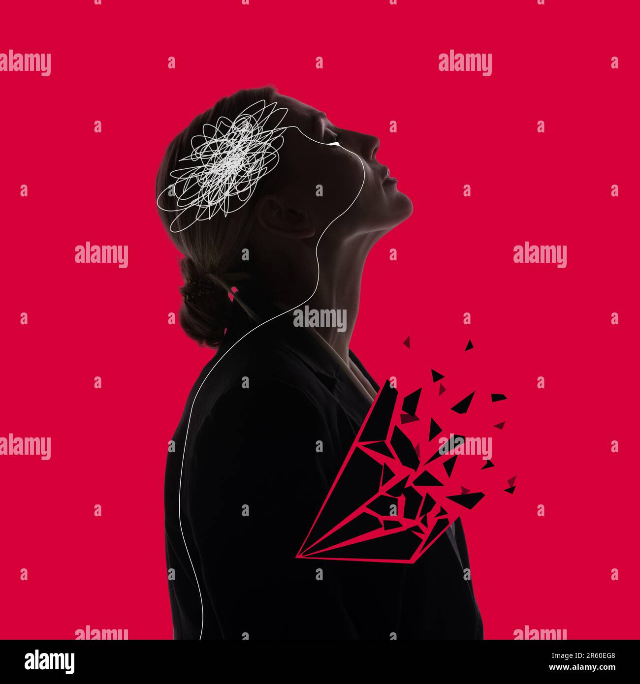 Tangled thought and broken heart. Young woman having mental health ...