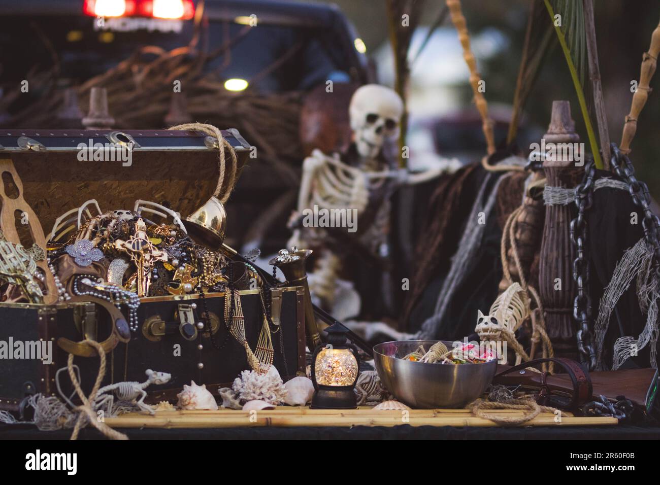An antique wooden trunk filled with skeletal remains and miscellaneous ...