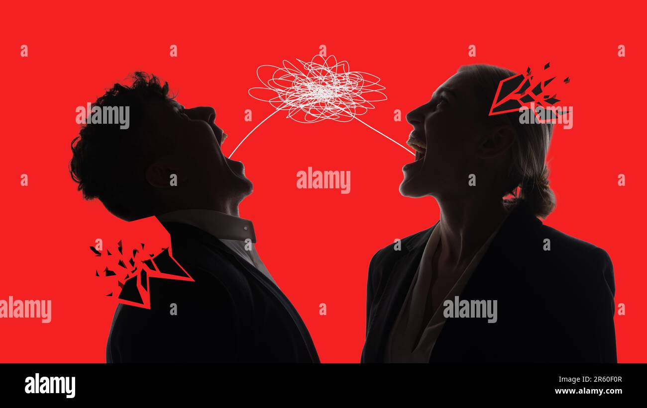 Disconnect. Man and woman emotionally expressing feeling, shouting ...