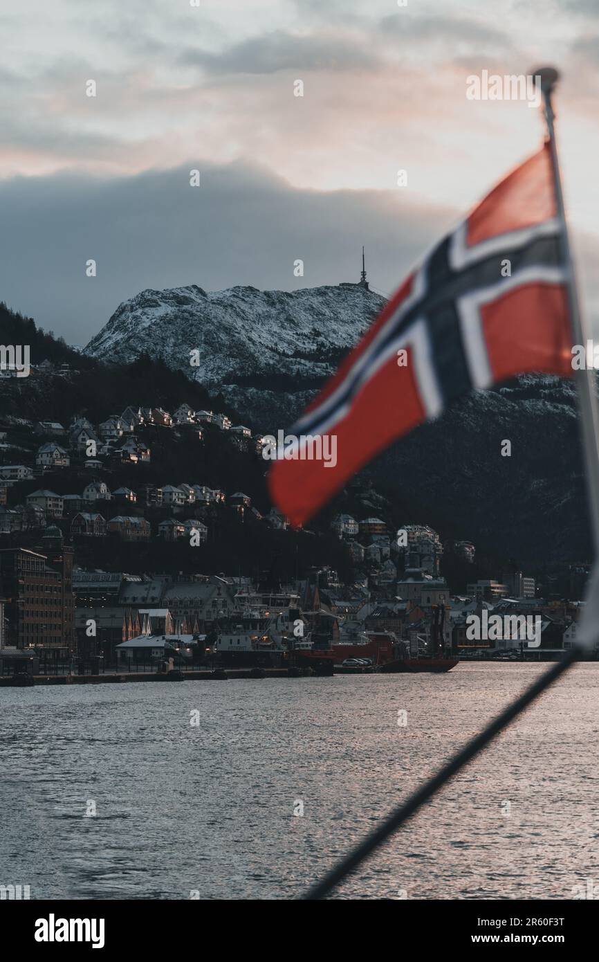 Norwegian flag in front of the city of bergen Stock Photo - Alamy