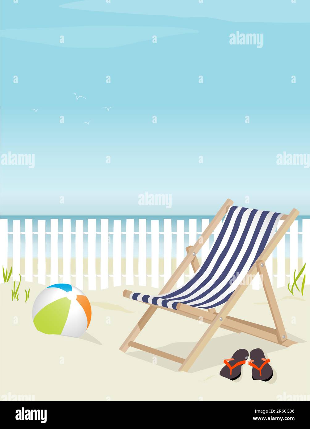 Nice deck chair at the beach, complete with beach ball and flip-flops ...