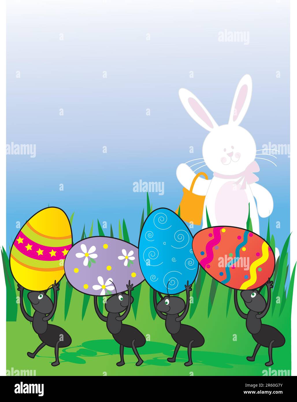 A group of ants carrying Easter Eggs while the Easter Bunny looks on ...