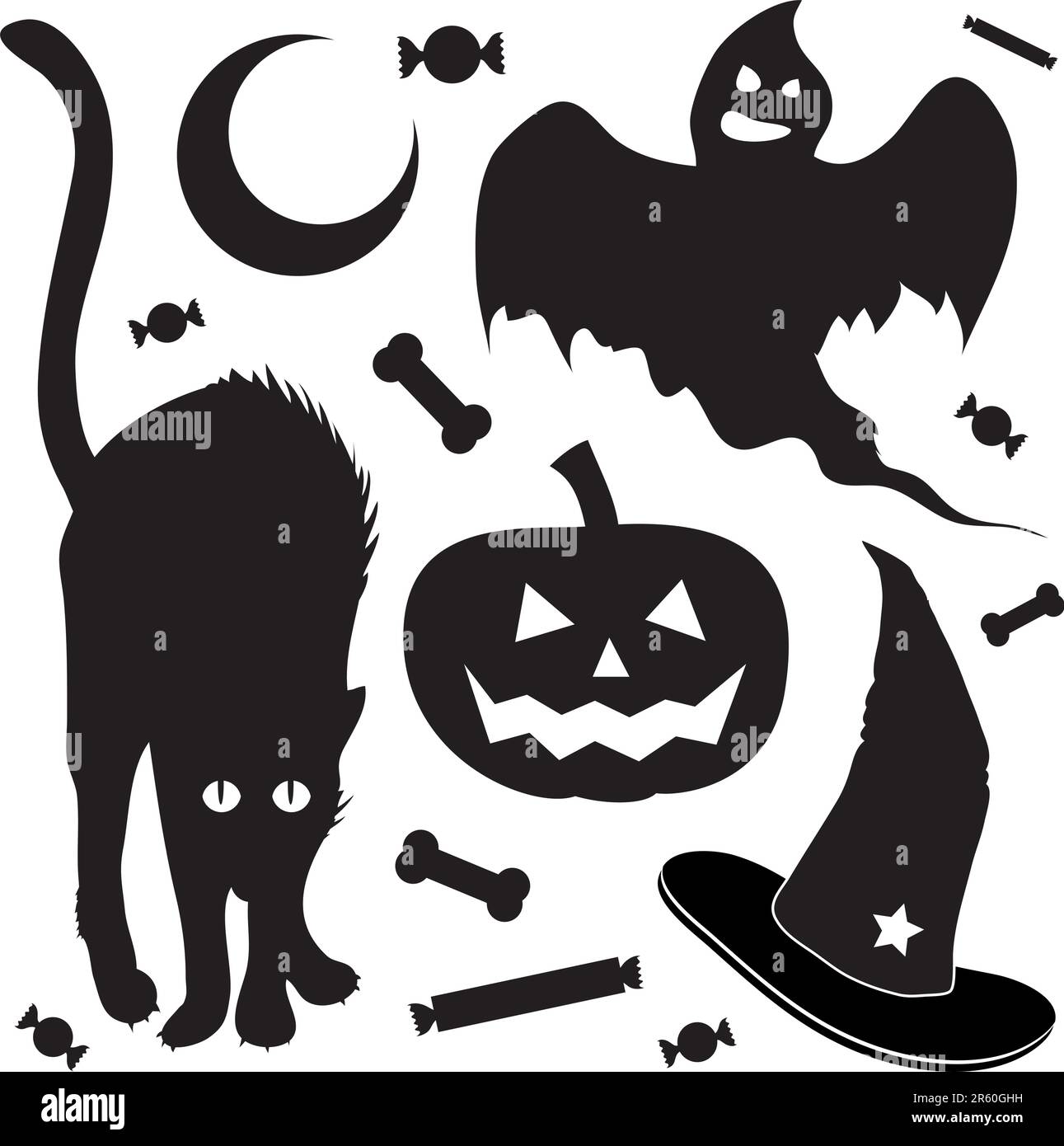 Halloween design elements silhouette set. Includes black cat, jack o ...