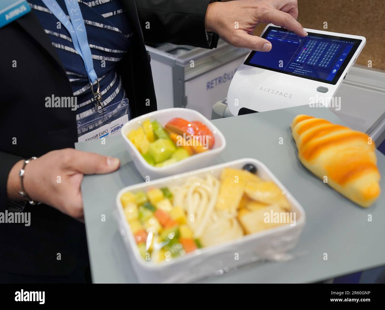Hamburg, Germany. 06th June, 2023. An Airbus employee demonstrates a ...