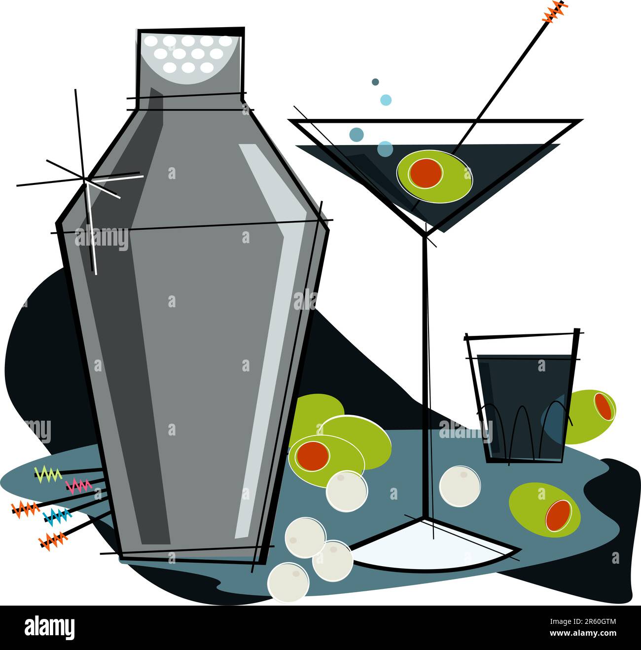 Retro-stylized cocktail spot illustration: Martini with olive Stock ...