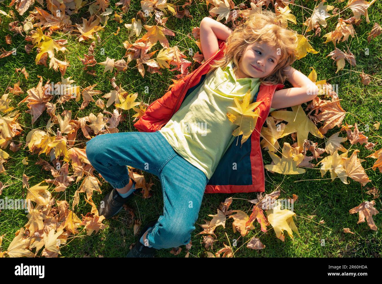 Kids play in autumn park. Children portrait with yellow leaves. Child ...
