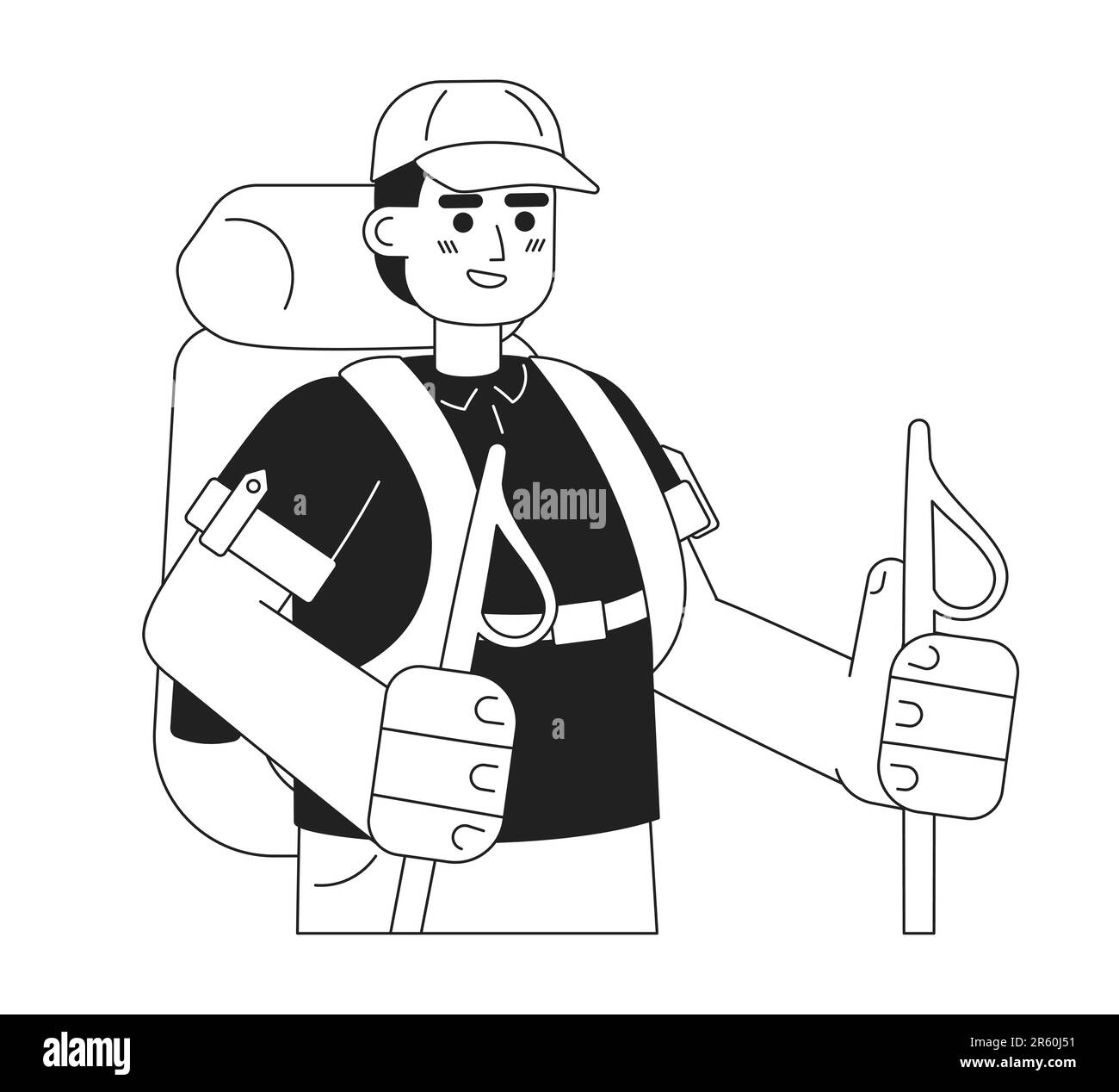 Explorer adventurer walking with trekking poles flat vector cartoon ...