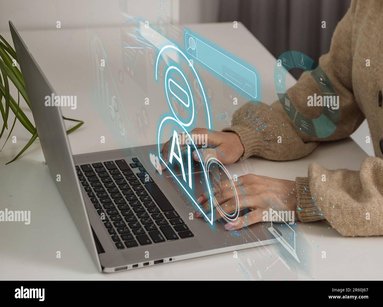 ChatGPT Chat with AI. Woman chatting with AI Chatbot via laptop ...