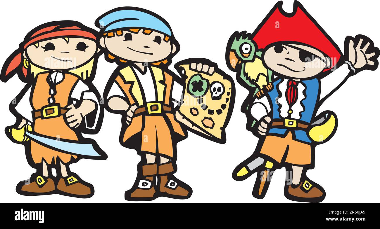 Children dress in pirate costumes with swords, parrots and maps Stock ...