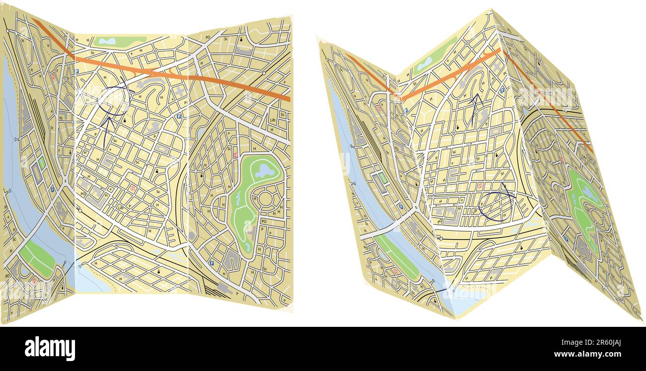 Editable vector illustration of two folded generic maps with no names ...