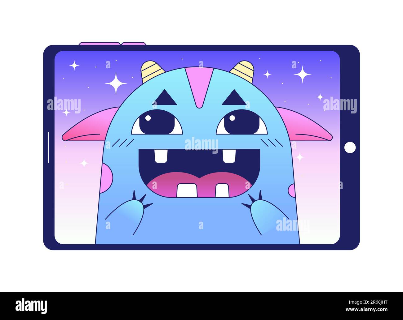 Happy monster on tablet computer flat vector cartoon icon Stock Vector ...