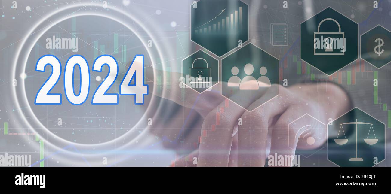2024 calender year button on digital virtual screen blur background ...