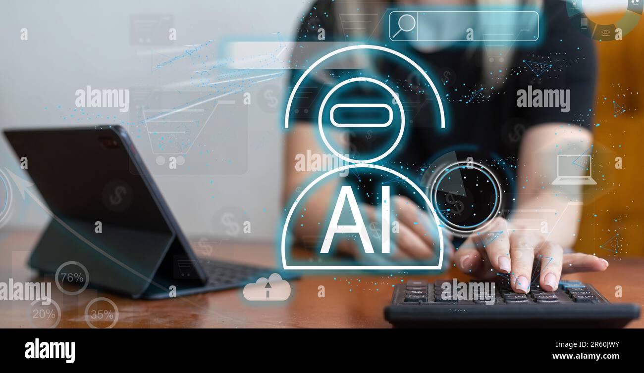 ChatGPT Chat with AI. Woman chatting with AI Chatbot via laptop ...