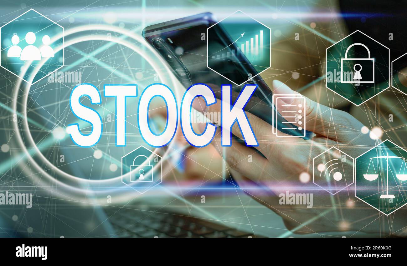 STOCK button on virtual screen Stock Photo - Alamy