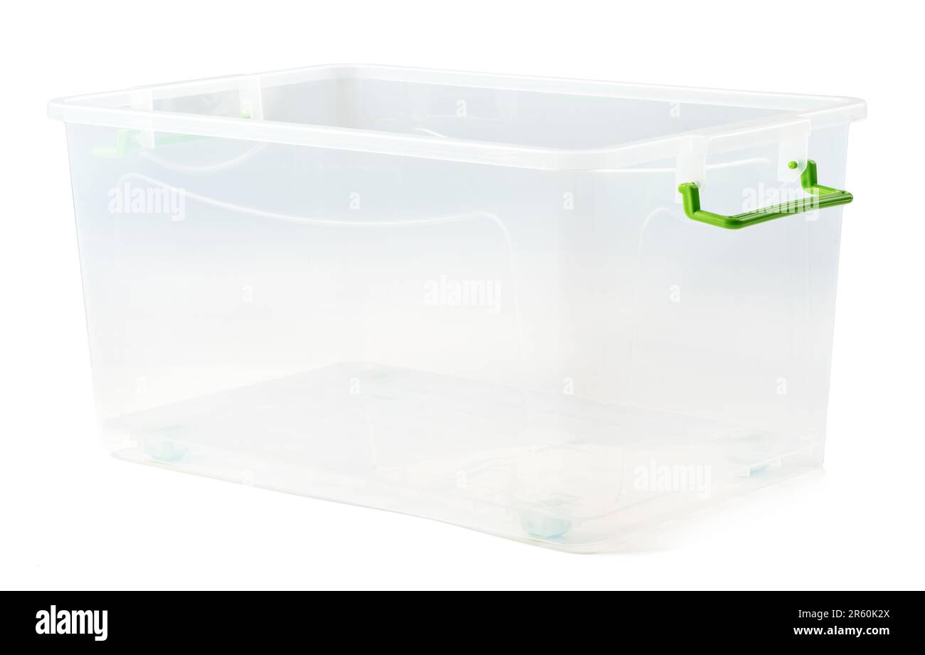 Transparent plastic box isolated on white background Stock Photo - Alamy