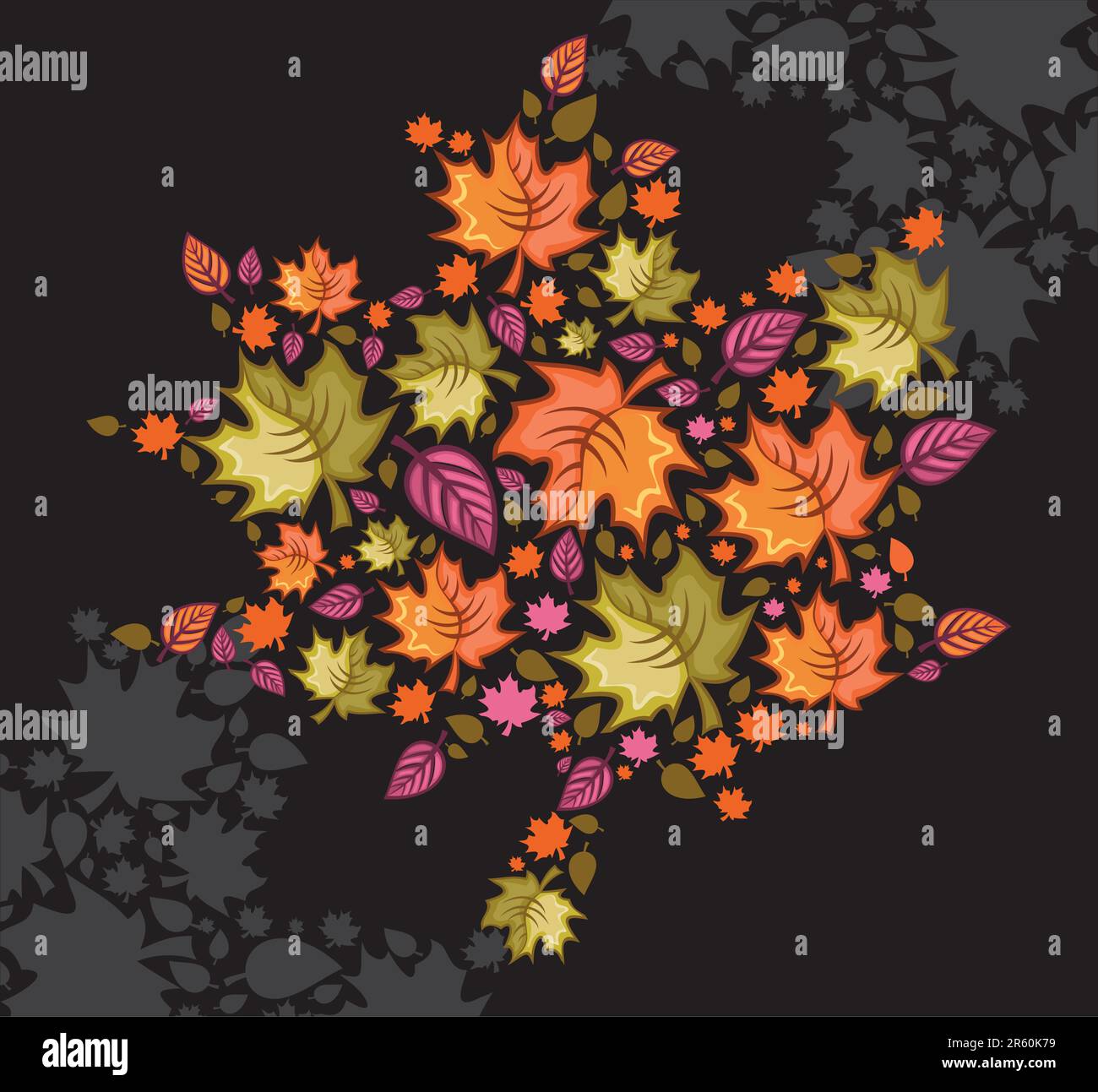 Different Types Of Autumnal Leafs Combined In A Shape Of A Leaf On Black Background Stock