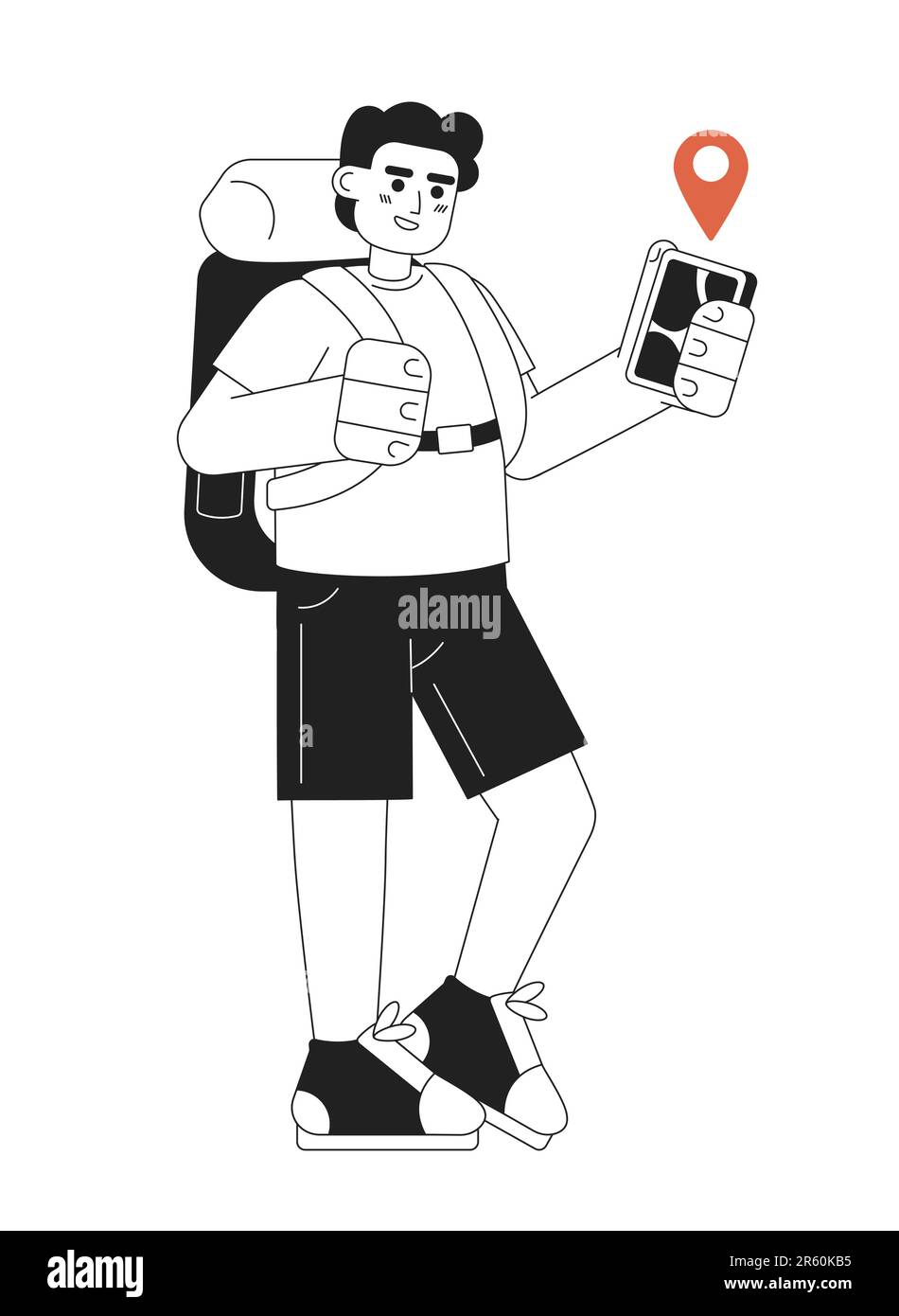 Male hiker looking at location tracking app flat vector cartoon outline ...