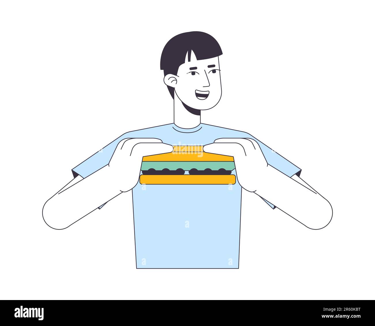 Asian young man eating sandwich flat line vector spot illustration ...