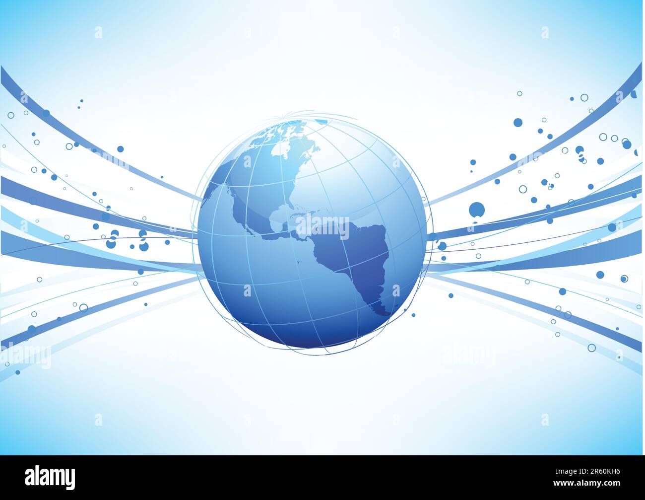 Vector illustration of blue abstract lines background - composition of curved lines and globe ...