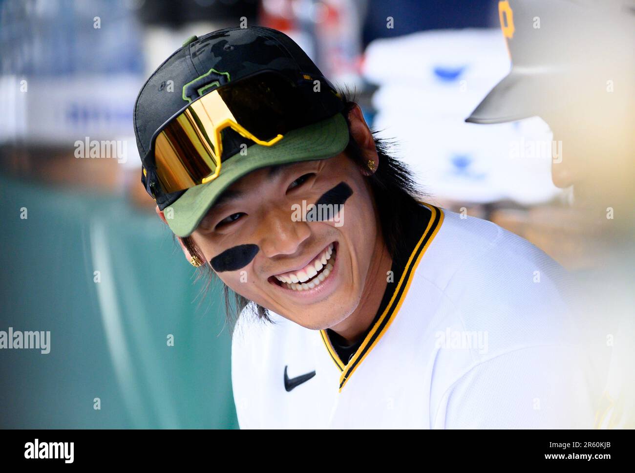 Pittsburgh Pirates center fielder Ji Hwan Bae (3) smiles in the dugout ...