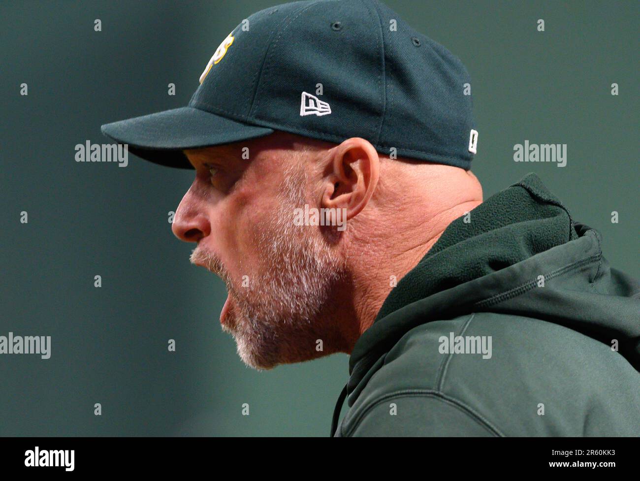 Oakland Athletics manager Mark Kotsay (7) screams at the home plate ...