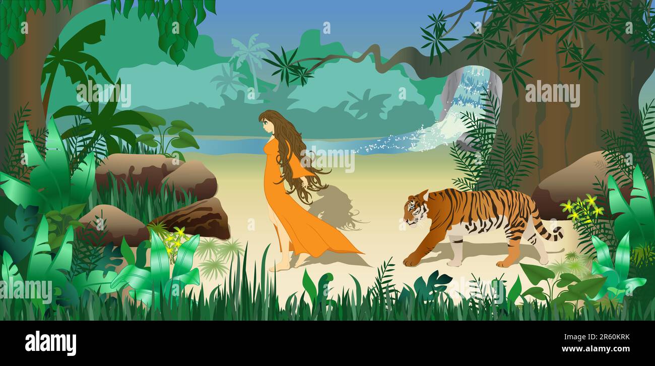 Girl with tiger in tropical forest Stock Vector Image & Art - Alamy