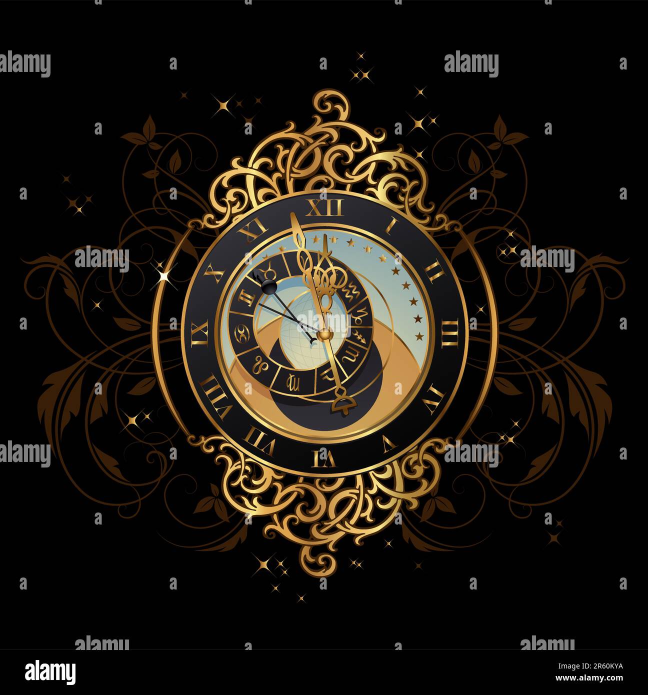 illustration of a vintage astronomical clock shortly before midnight ...